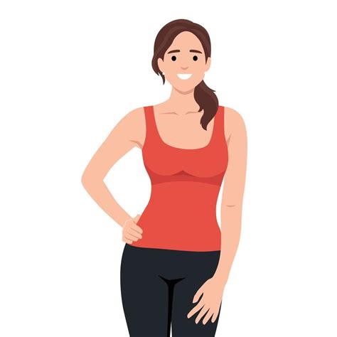 Smiling Happy Girl Wearing Short Denim Pants And Red Tank Top Hand On