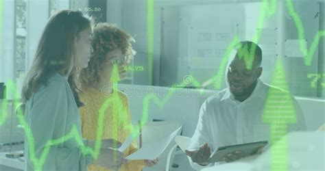 Green Graph And Upward Arrows Over Diverse Colleagues With Tablet Discussing At Casual Office