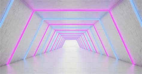 하얀 벽과 바닥 빛나는 파란색과 분홍색 네온 불빛이 있는 텅 빈 육각형 복도 인테리어 디자인과 성공의 개념입니다 3d 렌더링 사진 Unsplash의 배경 이미지
