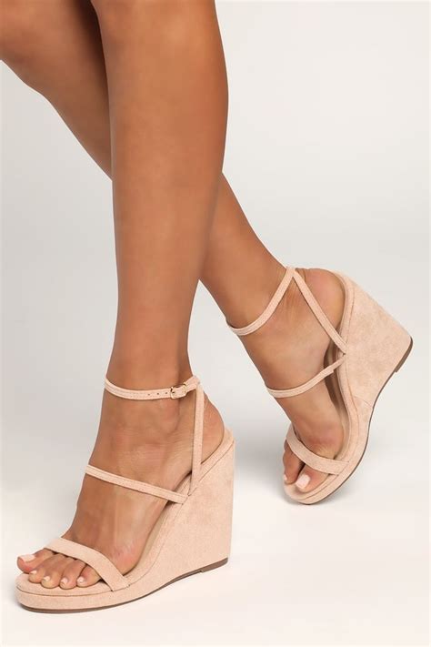 Basik Light Nude Suede Ankle Strap Platform Wedge Sandals Womens
