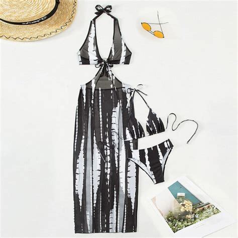 여성용 삼각 비키니 세트 수영복 홀터 포함 긴 원피스 커버 업 2024 여름 해변 수영복 3 팩 수영복