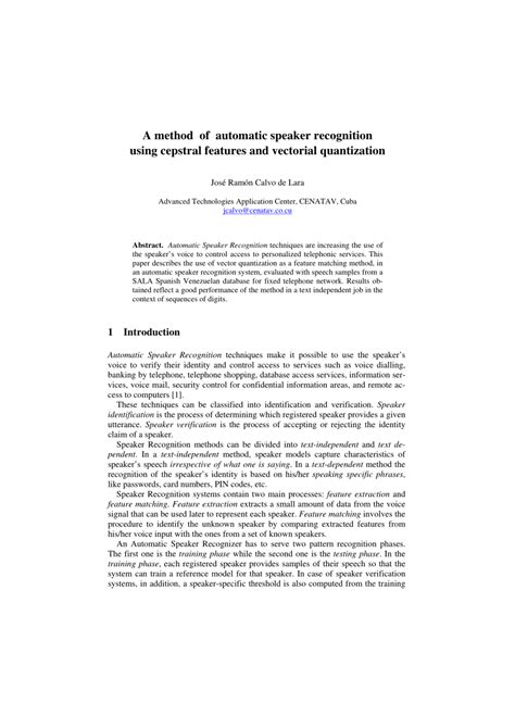 Pdf A Method Of Automatic Speaker Recognition Using Cepstral Features And Vectorial Quantization
