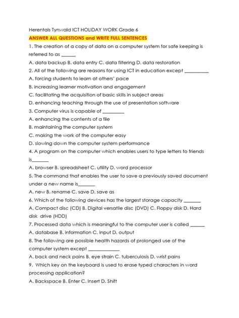 Ict Holiday Work Grade 6 Pdf Computer File Databases