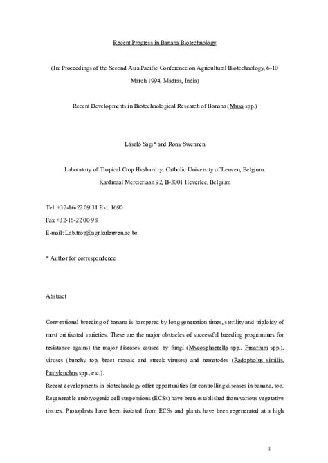 Pdf Recent Development In Biotechnological Research Of Banana Musa Spp