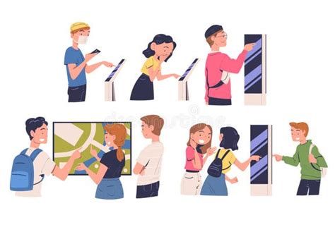 People Characters Using Information Board With Interactive Interface Vector Set Stock Vector