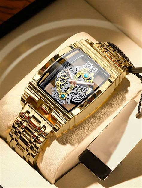 1pc Men Watch Binbond Top Brand Original Wristwatch Square Gold Hollowed Dial Stainless Steel