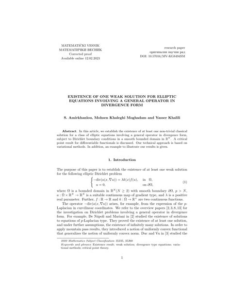 Pdf Existence Of One Weak Solution For Elliptic Equations Involving A General Operator In