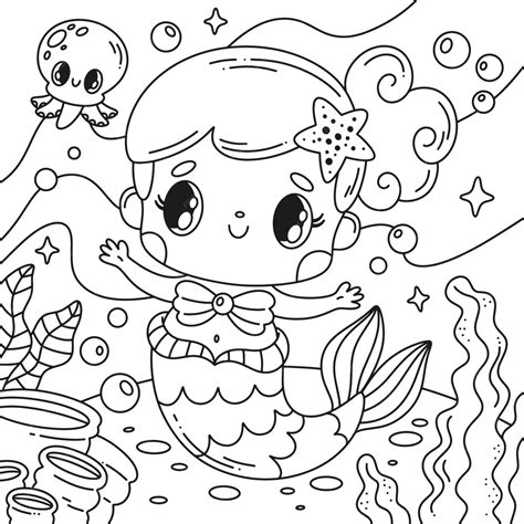 손으로 그린 인어 색칠하기 책 그림 프리미엄 벡터