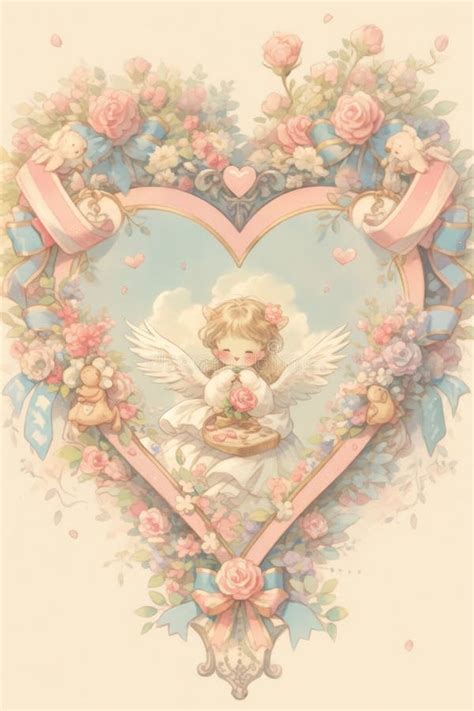 Cute Angel Holding Roses In Heart Shaped Frame Celebrating Valentine S