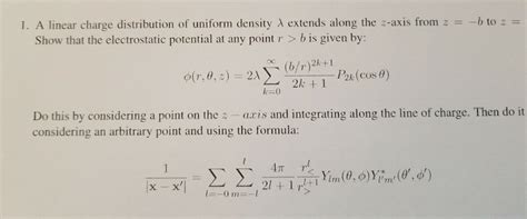 Solved I A linear charge distribution of uniform density λ Chegg