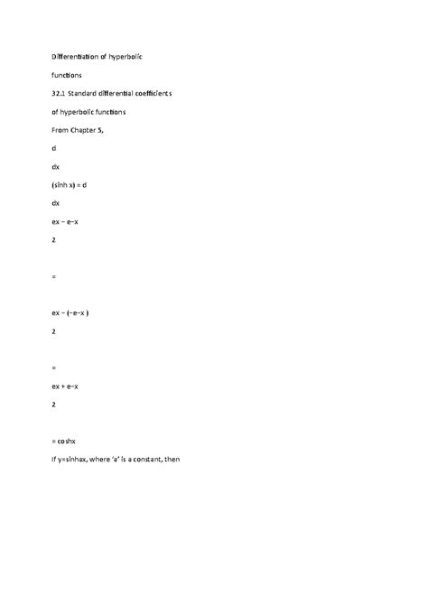 Differentiation Of Hyperbolic Differentiation Of Hyperbolic Functions 32 Standard Differential