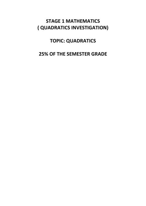 Stage 1 Quadratics Investigation Mathematics Year 11 Sace Thinkswap