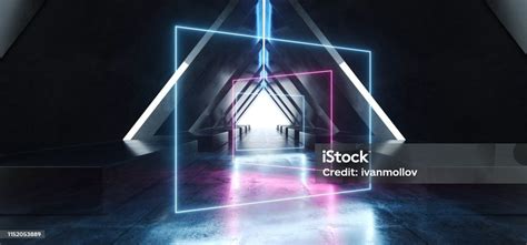 공상 과학 소설 삼각형 우주선 네온 빛나는 레이저 광속 가상 빛 자주색 파란 형광 콘크리트 그런 지 지하철 갱도 백색 발광 복도 3d 렌더링 0명에 대한 스톡 사진 및 기타