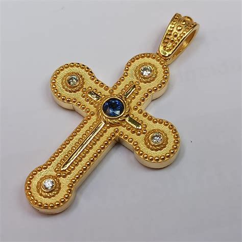 Byzantine 22k Gold Cross With Sapphire And Diamond Accents Etsy