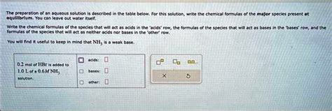 SOLVED The Preparation Of An Aqueous Solution Is Described In The Table Below For This