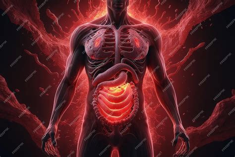 A Man Holding His Stomach With Red Light Coming Out Of It Stomach