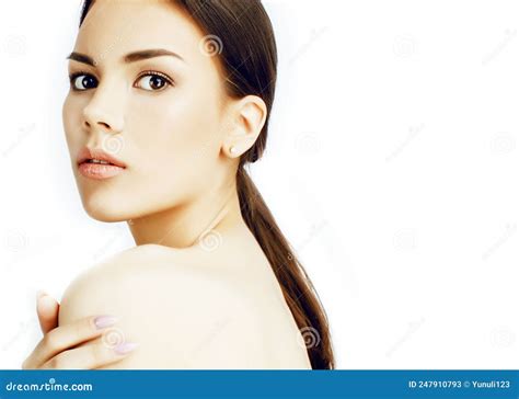 Young Fresh Brunette Tan Girl With Beauty Hairstyle Isolated On White