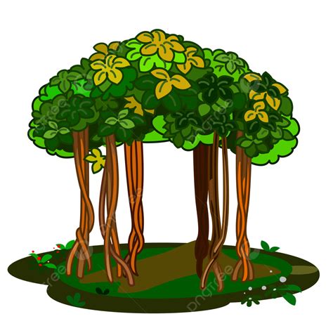 Lindo Banyan Tree Dibujos Animados Ilustración Caligrafía Eps