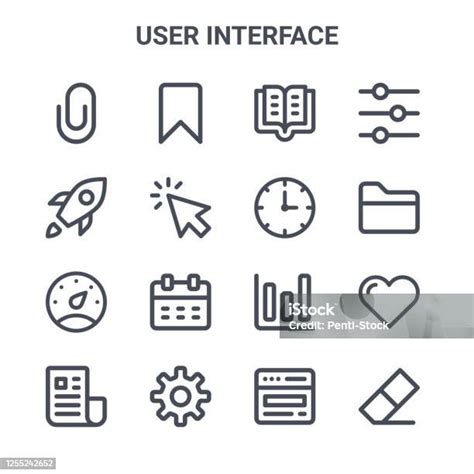 16 개의 사용자 인터페이스 개념 벡터 라인 아이콘 세트입니다 책갈피 로켓 폴더 통계 설정 지우개 웹 브라우저 시계 사용자