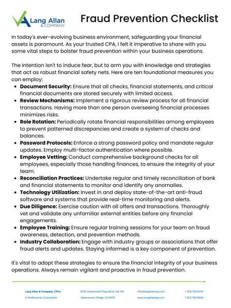 Fraud Prevention Checklist Lang Allan And Company Cpa Pc