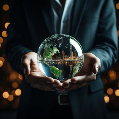 Business Man Holding Crystal Globe Technology Network Connection Artificial Intelligence
