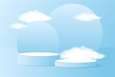구름과 둥근 모양이 있는 3d 배경 플랫폼입니다 현실적인 3d 흰색 파란색 실린더 받침대 연단 제품 디스플레이 프리젠 테이션 쇼케이스를 위한 무대 스튜디오 룸 미니멀 씬 3