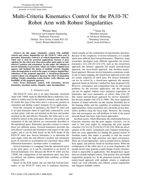 Pdf Multi Criteria Kinematics Control For The Pa10 7c Robot Arm With Robust Singularities