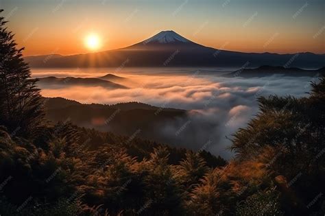 Premium Photo Beautiful Sunrise Over Mount Fuji With Surrounding Scenery