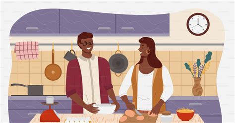 부엌에서 요리하는 남자와 여자 판자와 칼을 사용하여 빵을 자르는 여자 집에있는 방의 인테리어 남매는 가족을 위해 저녁을 준비한다 음식 벡터를 준비하는 관계의 파트너