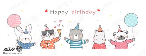 وکتور Eps لایه باز آبرنگی و بچه گانه تبریک تولد شامل حیوانات جنگل و