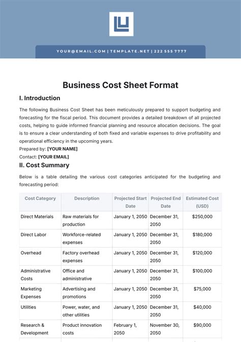 Free Cost Summary Sheet Template To Edit Online