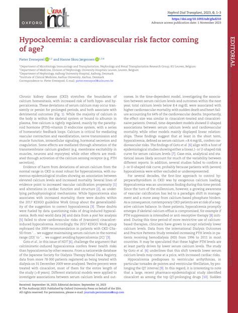 Pdf Hypocalcemia A Cardiovascular Risk Factor Coming Of Age