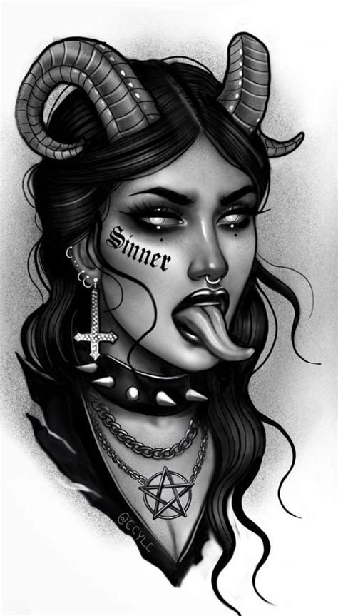 A Drawing Of A Woman With Horns And Piercings On Her Face In Black And