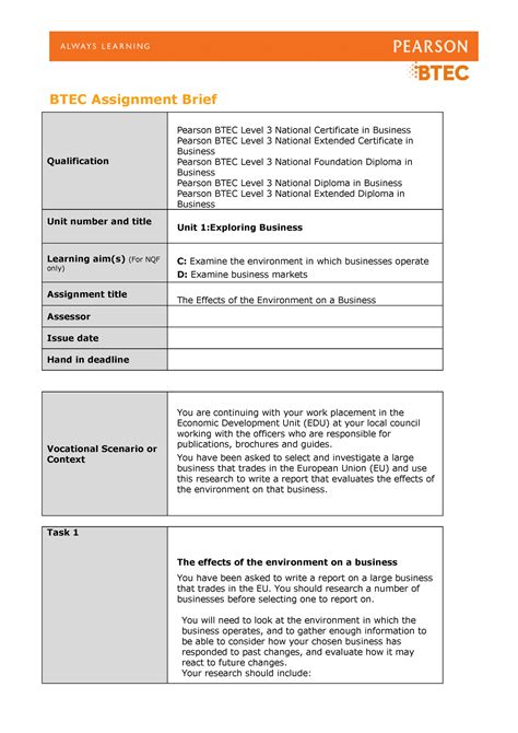 Unit 1 Assignment 2 Learning Aims D And C Btec Assignment Brief Qualification Pearson Btec