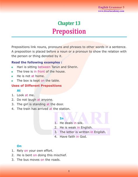 Class 5 English Grammar Chapter 13 Prepositions
