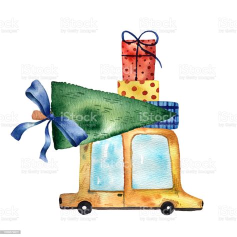 노란색 자동차와 크리스마스 트리의 수채화 그림 손으로 그린 스타일 만화 예술 어린 소년과 소녀를위한 인쇄 귀여운 아이 복고풍 자동차 전통적인 크리스마스 오래된 자동차 개념