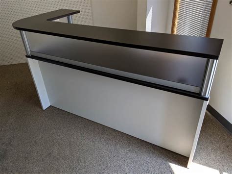 White Laminate Reception Desk With Dark Walnut Top And Transaction Counter