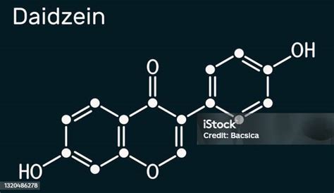Daidzein 분자 그것은 식물성 에스트로겐 식물 대사 산물 항산화 및 식물 성 에스트로겐 특성과 콩에서 이소플라본 추출물입니다 진한 파란색 배경의 골격 화학 포뮬러 0