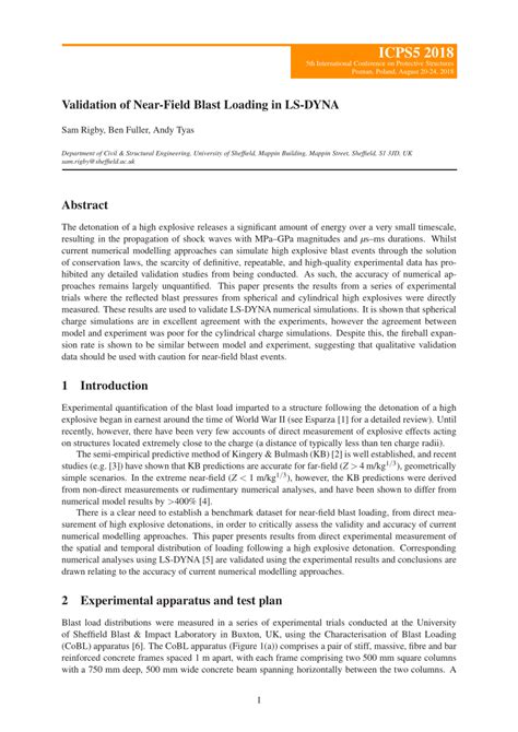 Pdf Validation Of Near Field Blast Loading In Ls Dyna