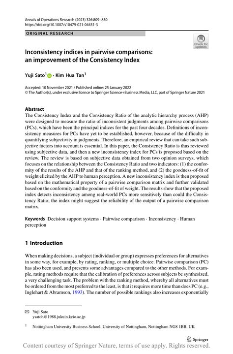 inconsistency indices in pairwise comparisons an improvement of the consistency index request pdf