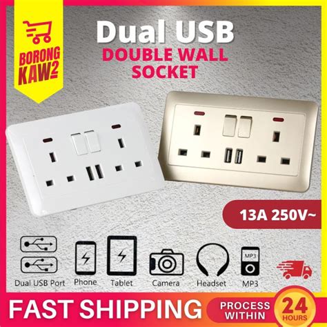 2 Gang 3 Pin Socket Switch 13a Dual Usb Port Ac Dc Power Twin Socket Charging Panel Power Wall