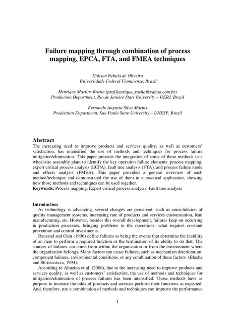 PDF Failure Mapping Through Combination Of Process Mapping EPCA FTA And FMEA Techniques