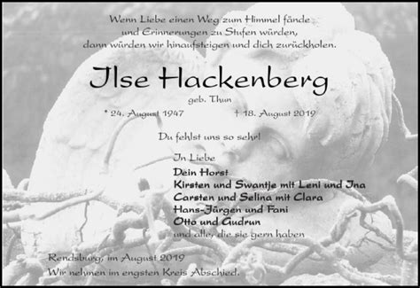 Traueranzeigen Von Ilse Hackenberg Sh Z Trauer