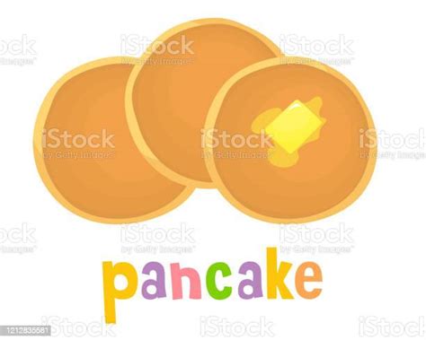 버터와 밝은 텍스트의 조각팬케이크 만화 플랫 스타일의 벡터 일러스트레이션입니다 팬케이크에 대한 스톡 벡터 아트 및 기타 이미지 팬케이크 시럽 과일 Istock