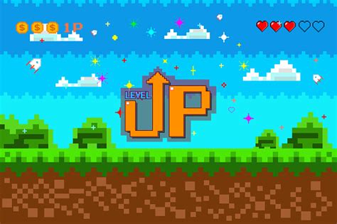 레벨 업 아이콘을 클릭합니다 픽셀 게임 배경 푸른 하늘 나무 푸른 잔디가 있는 자연 풍경 픽셀화된 8비트 비디오 게임 황금 컵과 별이 있는 아케이드 인터페이스 컴퓨터 게임의