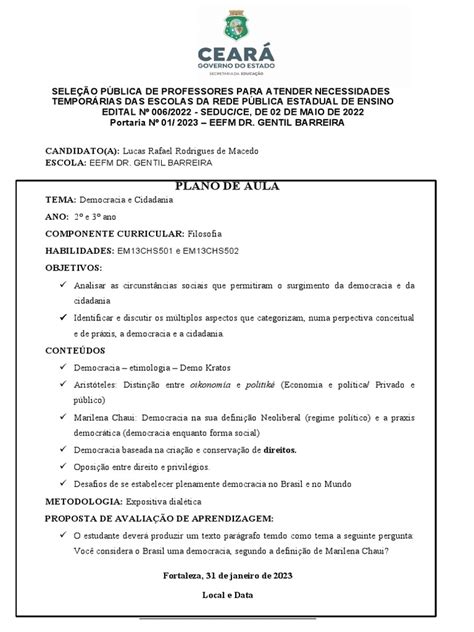 Plano De Aula Democracia E Cidadania Pdf