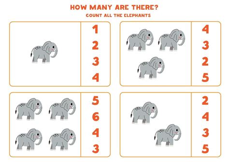 Counting Game With Cartoon Gray Elephants Educational Worksheet