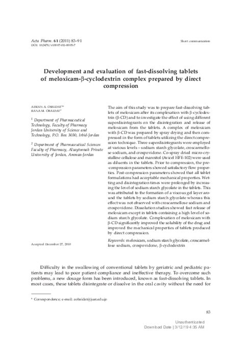 Pdf Development And Evaluation Of Fast Dissolving Tablets Of Meloxicam β Cyclodextrin Complex