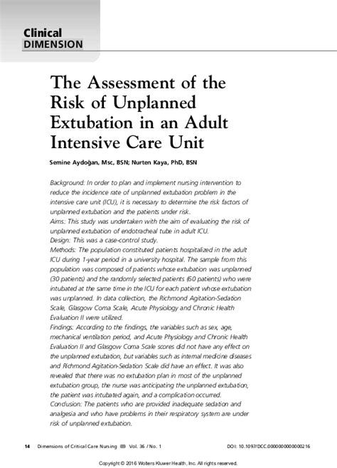 Pdf The Assessment Of The Risk Of Unplanned Extubation In An Adult Intensive Care Unit