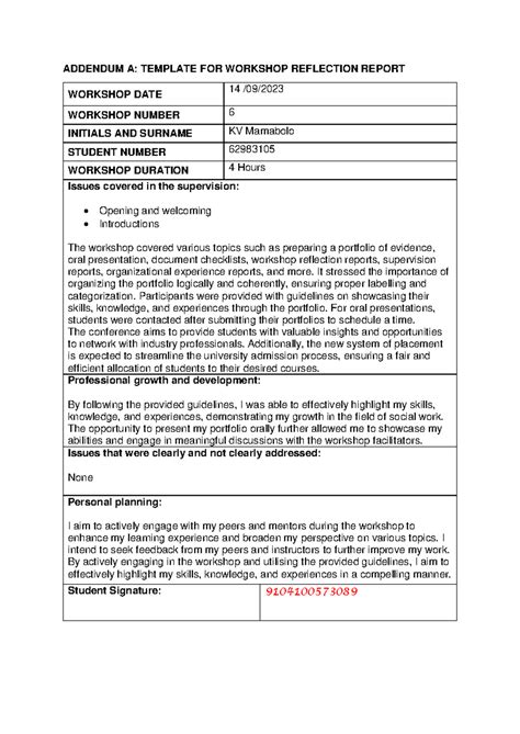 Workshop Reflection Report 6 Addendum A Template For Workshop Reflection Report Workshop Date